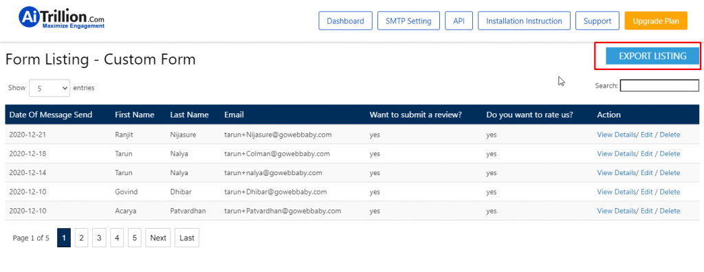 How to view and export CSV of customers submission list from the form? | aaaecommerce | aaaecommerce